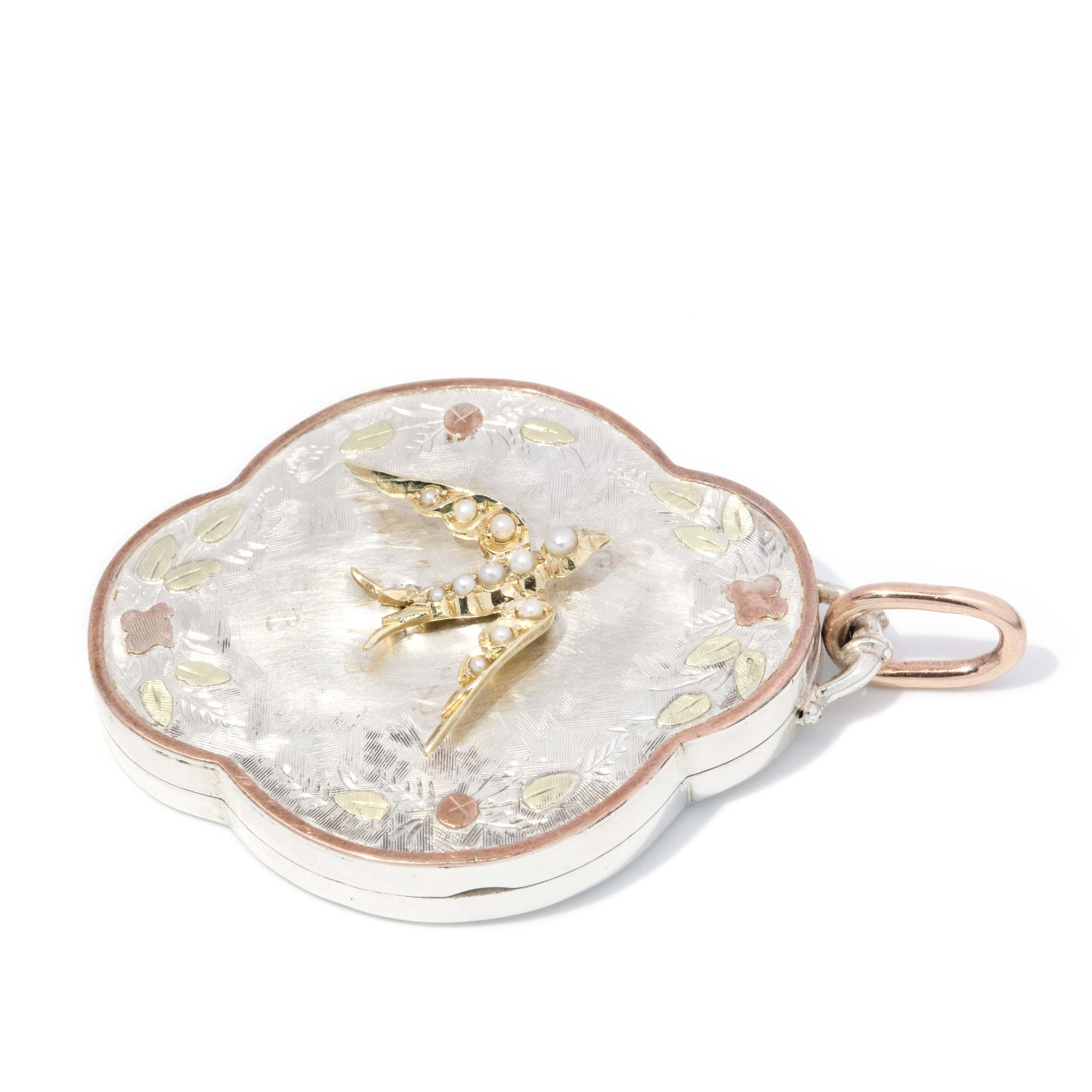 Antique 1880s Seed Pearl Swallow Locket Silver & 18 Carat Gold ...