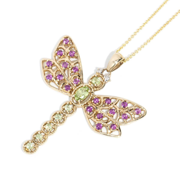 Vintage Diamond Rhodolite Tourmaline Dragon Fly Pendant 9ct Gold ...