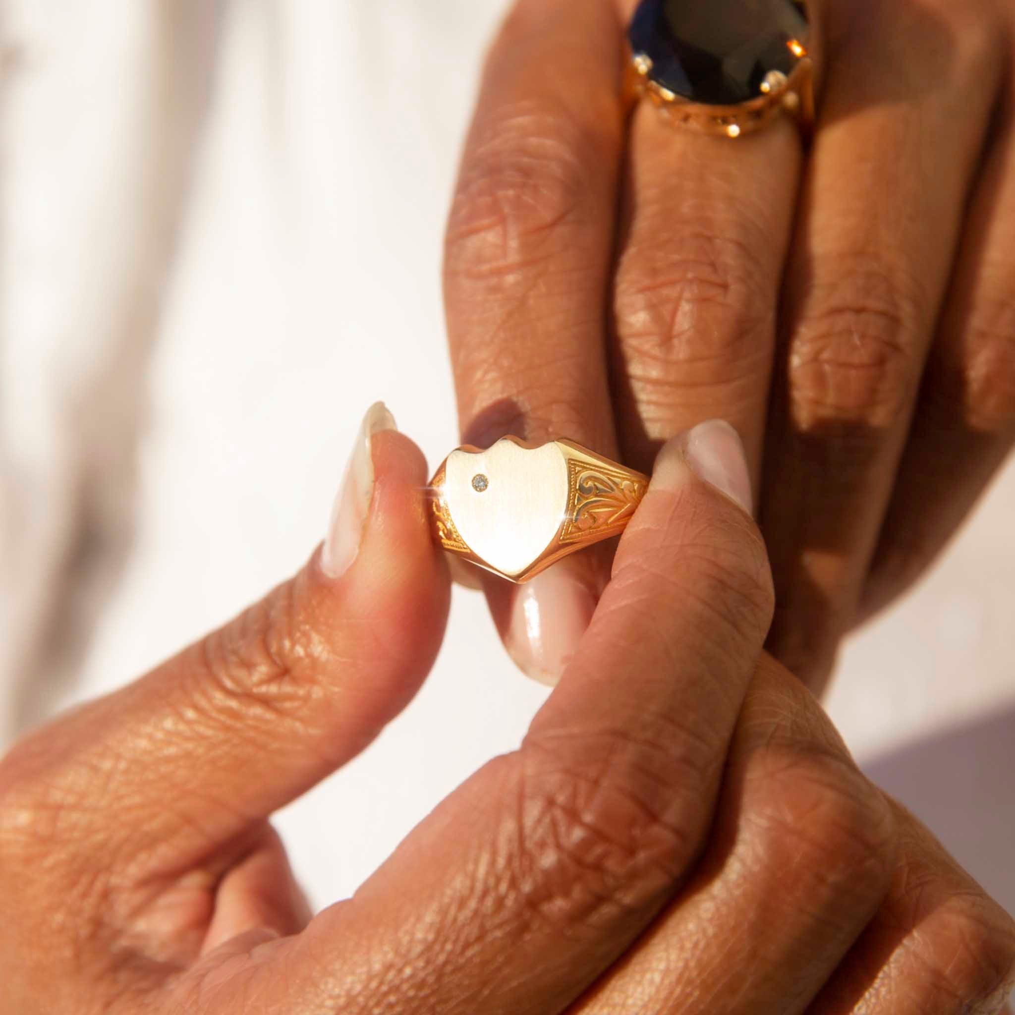 Vintage Circa 1990s Hammer Set Diamond Signet Ring 9 Carat Gold ...